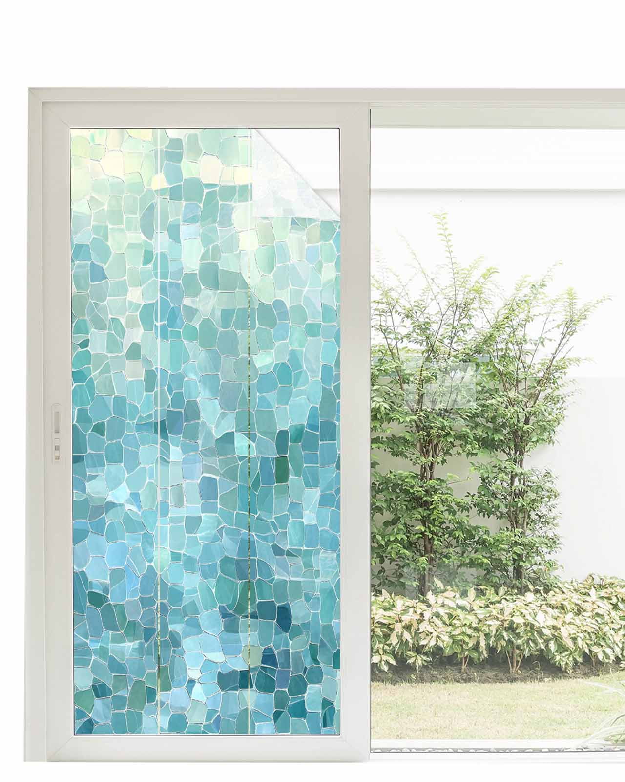 Window Privacy Film Turquoise Teal Stained Glass Window Film Decorative Sun Block Window Cover ...
