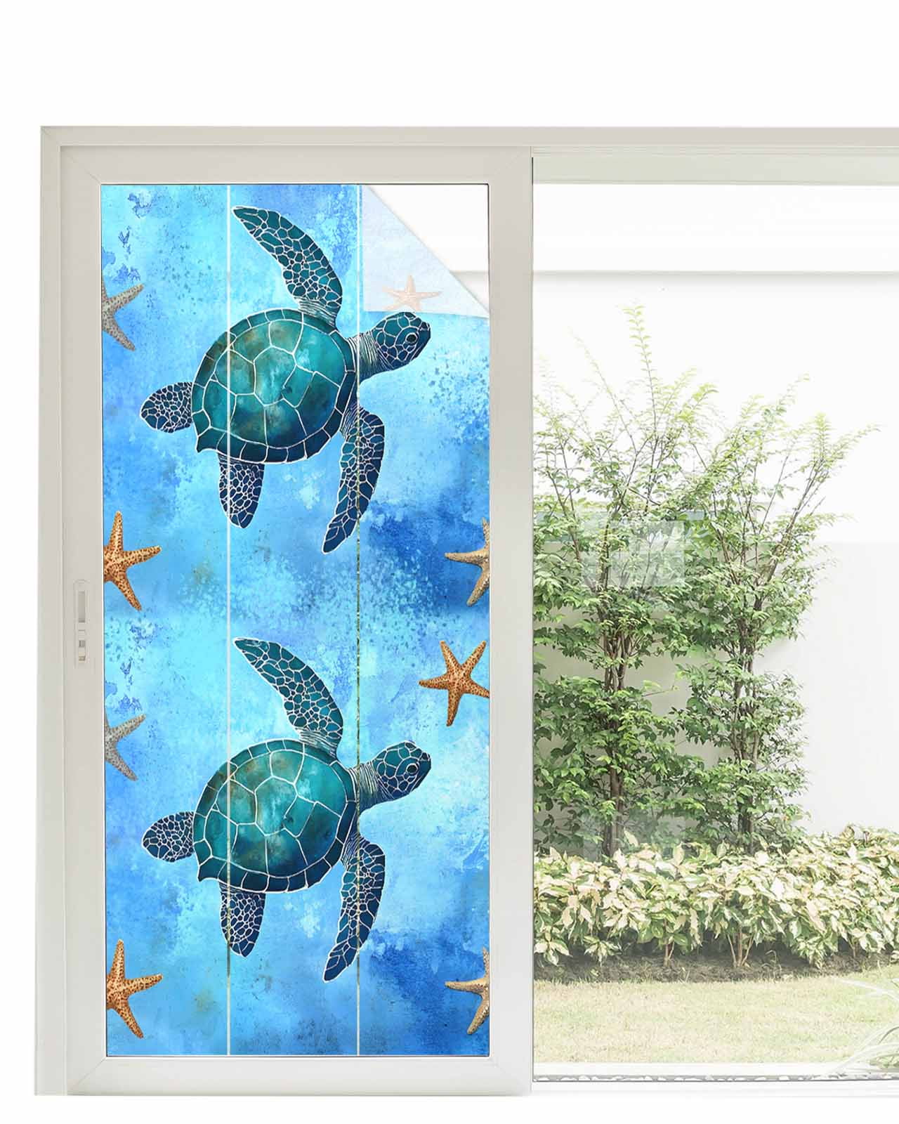 Window Privacy Film Turtle Blue Stained Glass Window Film Decorative ...