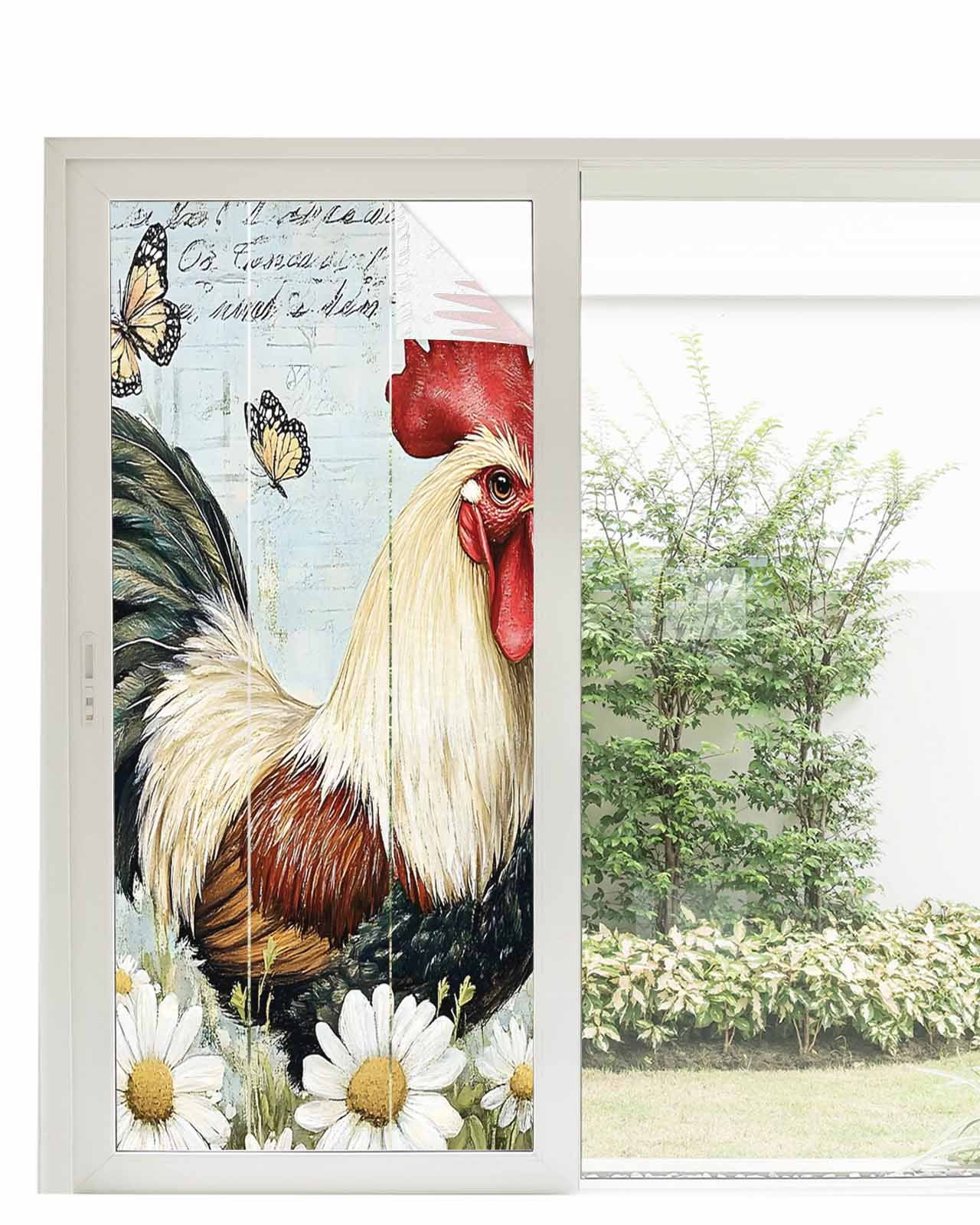 Window Privacy Film White Retro Rooster Stained Glass Window Film ...