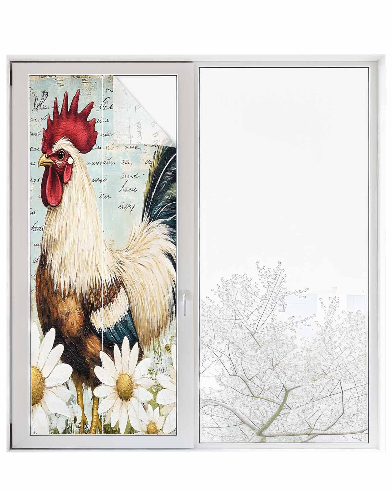 Window Privacy Film White Spring Floral Rooster Stained Glass Window ...