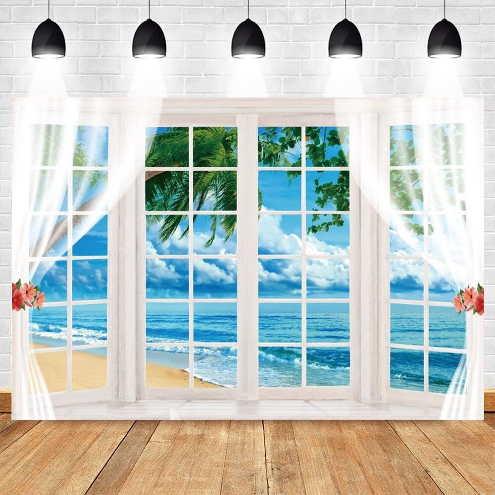 Window Scenery Spring Flower Scene Backdrop Summer Seaside Sea Ocean ...