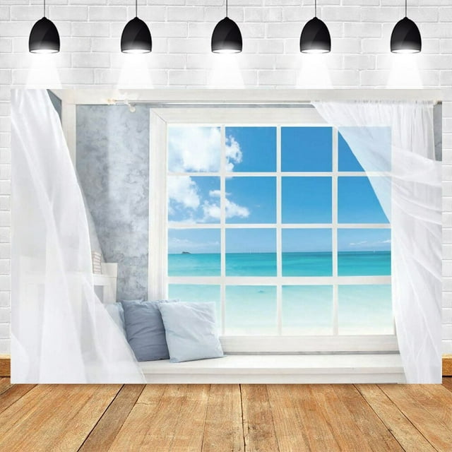 Window Scenery Spring Flower Scene Backdrop Summer Seaside Sea Ocean ...