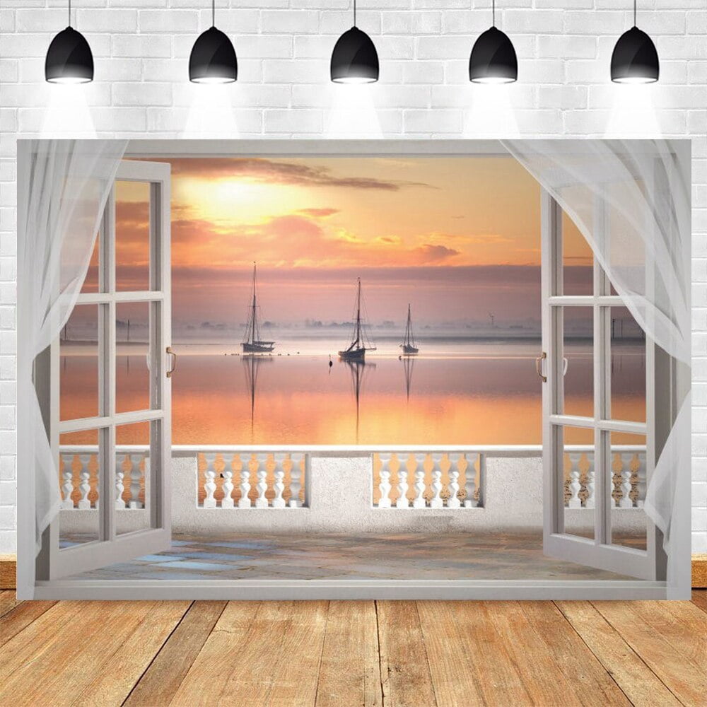 Window Scenery Spring Flower Scene Backdrop Summer Seaside Sea Ocean ...