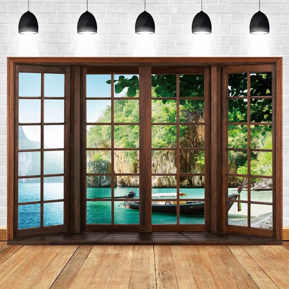 Window Scenery Spring Flower Scene Backdrop Summer Seaside Sea Ocean ...