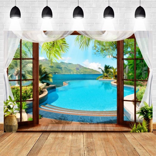 Window Scenery Spring Flower Scene Backdrop Summer Seaside Sea Ocean ...