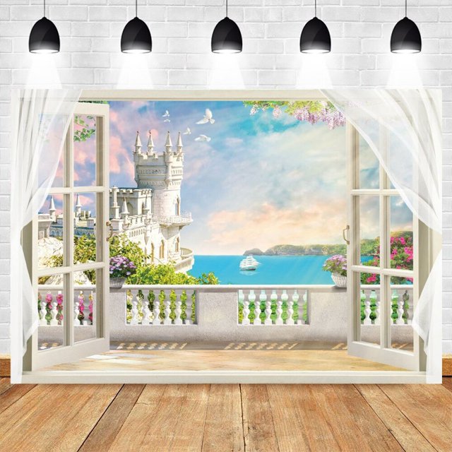 Window Scenery Spring Flower Scene Backdrop Summer Seaside Sea Ocean ...