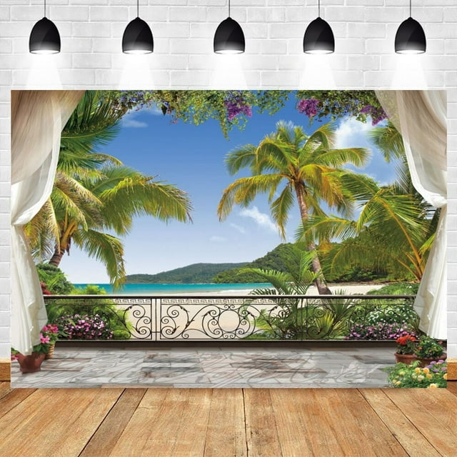 Window Scenery Spring Flower Scene Backdrop Summer Seaside Sea Ocean ...