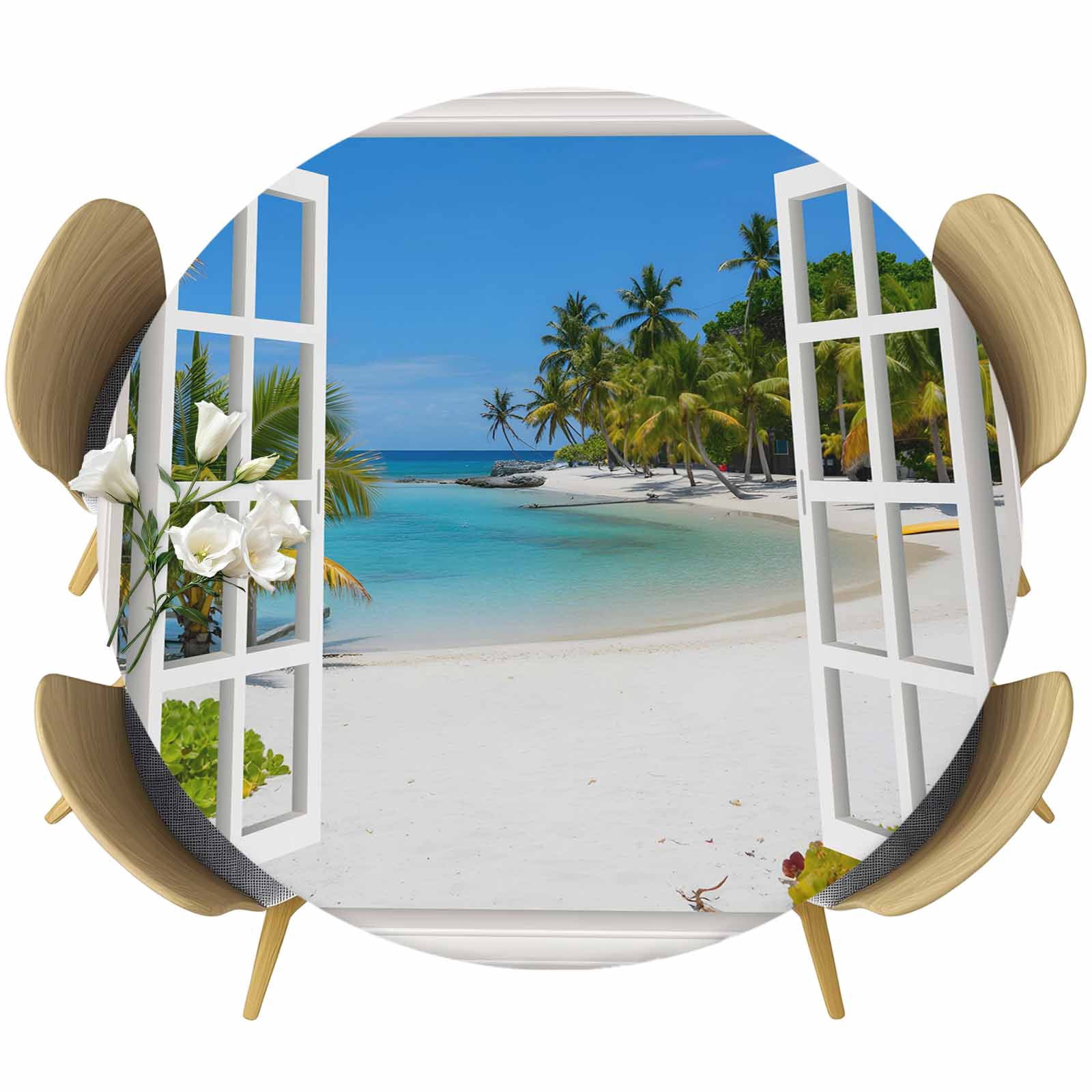 Window Seascape Round Tablecloth, Fitted Table Cover with Elastic for ...