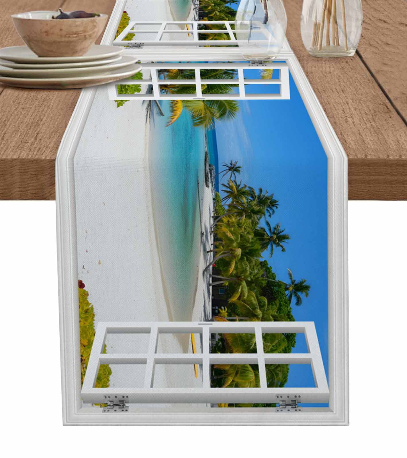 Window Seascape Table Runner 72 Inches, Summer Beach Seaside Palm Trees ...
