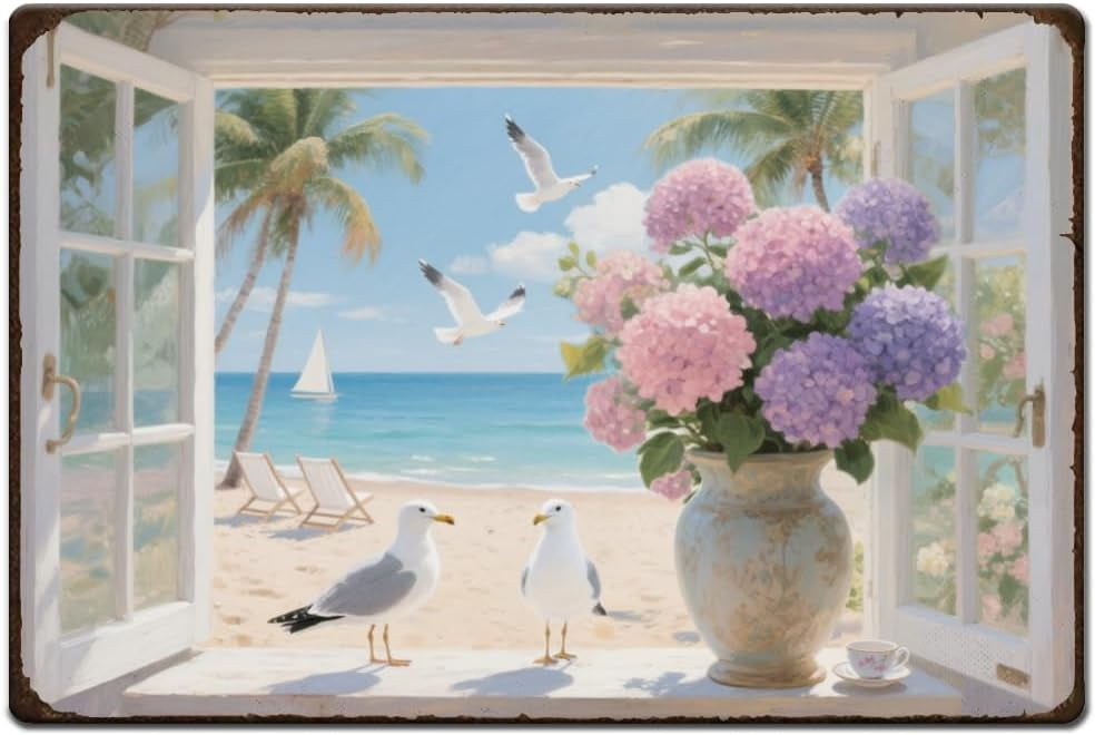Window Seascape Tin Signs Retro Seagull Metal Poster Iron Wall Decor ...