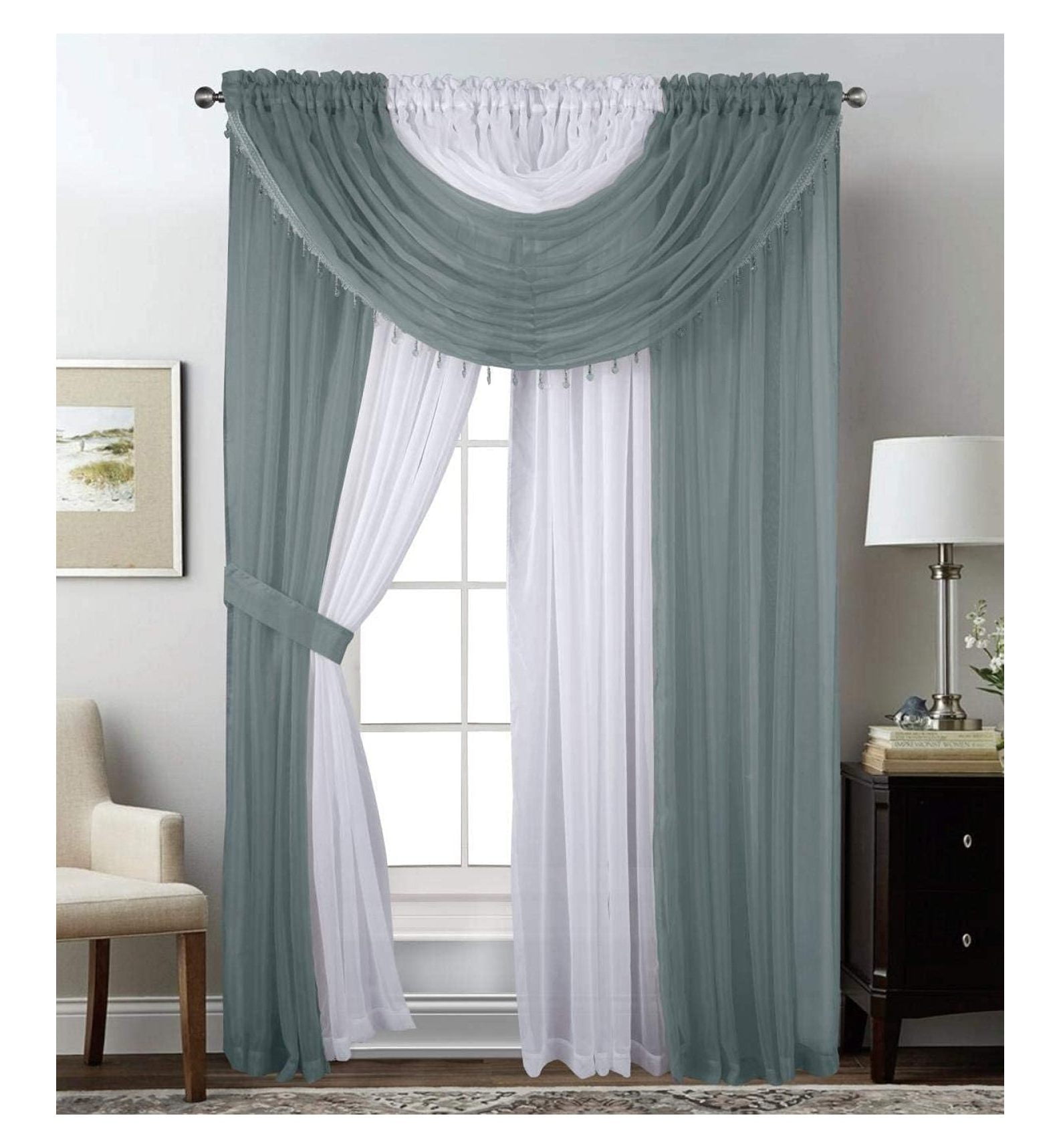 Window Sheer Curtains - Two Tone 4 Panels Set with Valance and Tiebacks ...
