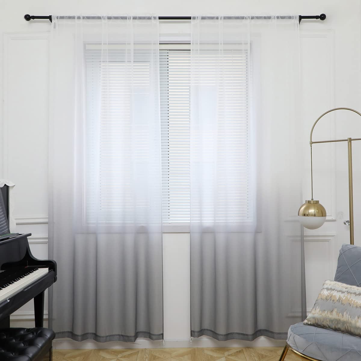 Window Sheer Gradient Gray Curtains 63 Inches Long 2 Panels Sheer ...