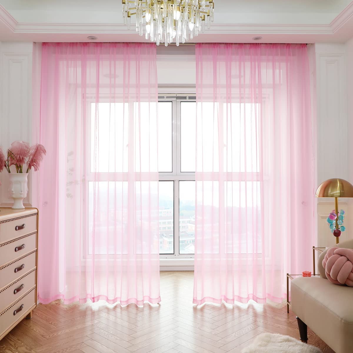 Window Sheer Pink Curtains 63 Inches Long 2 Panels Pink Sheer Curtains Sheer Curtain Clear ...