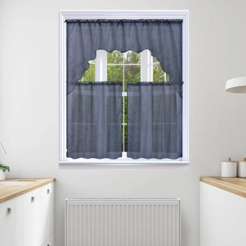 Gorgeous Home Linen Window Treatment Kitchen Curtain 3 Pieces Navy ...