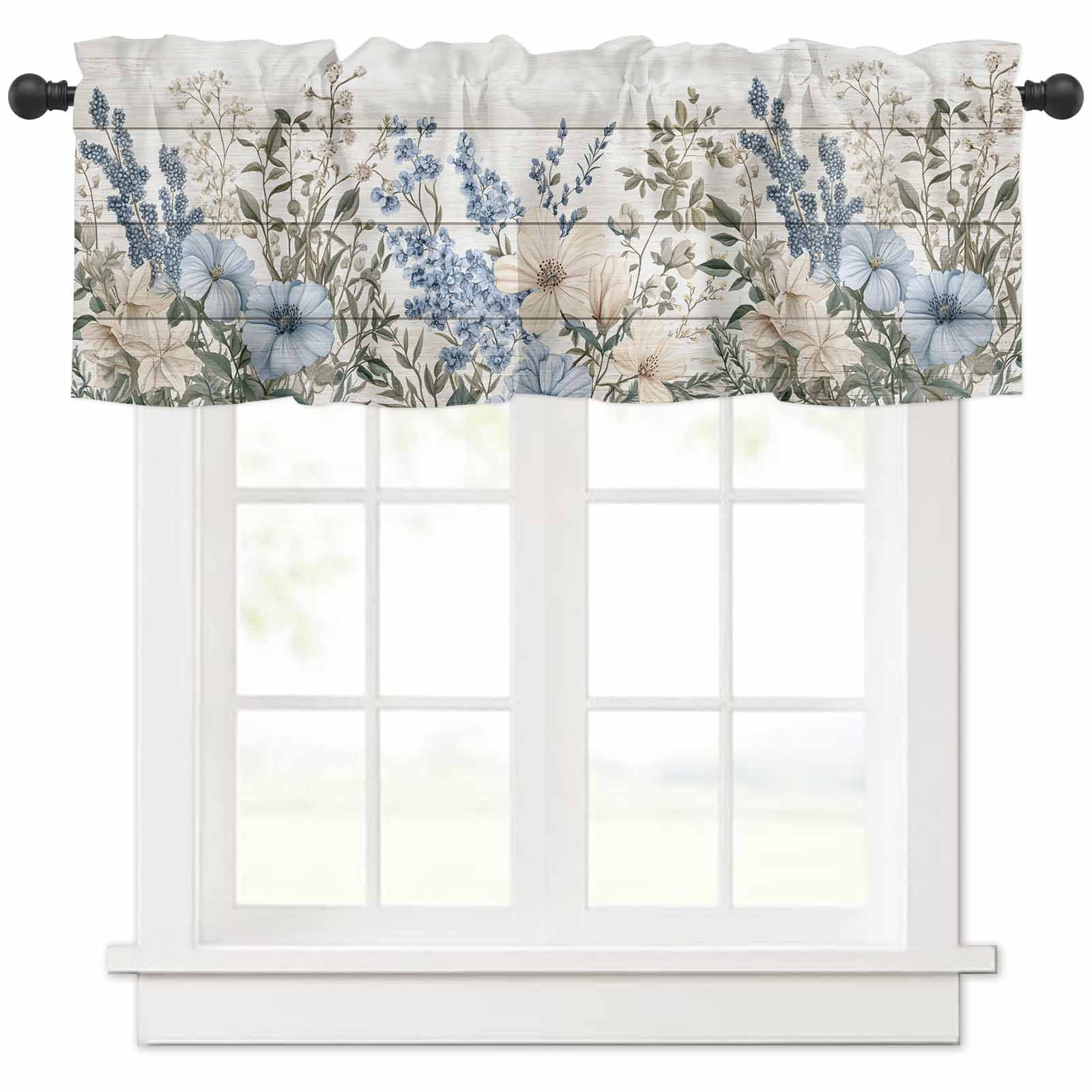 Window Treatment Valance Curtain, Blue Flower Spring Plants Leaf Board ...