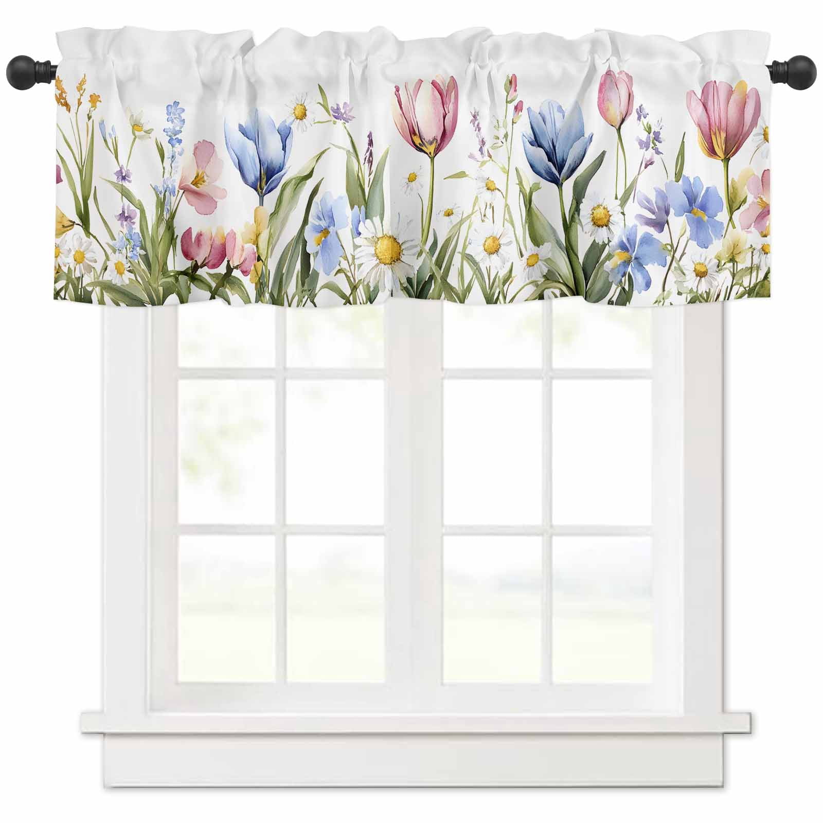 Window Treatment Valance Curtain, Blue Pink Tulips Spring Wildflowers ...