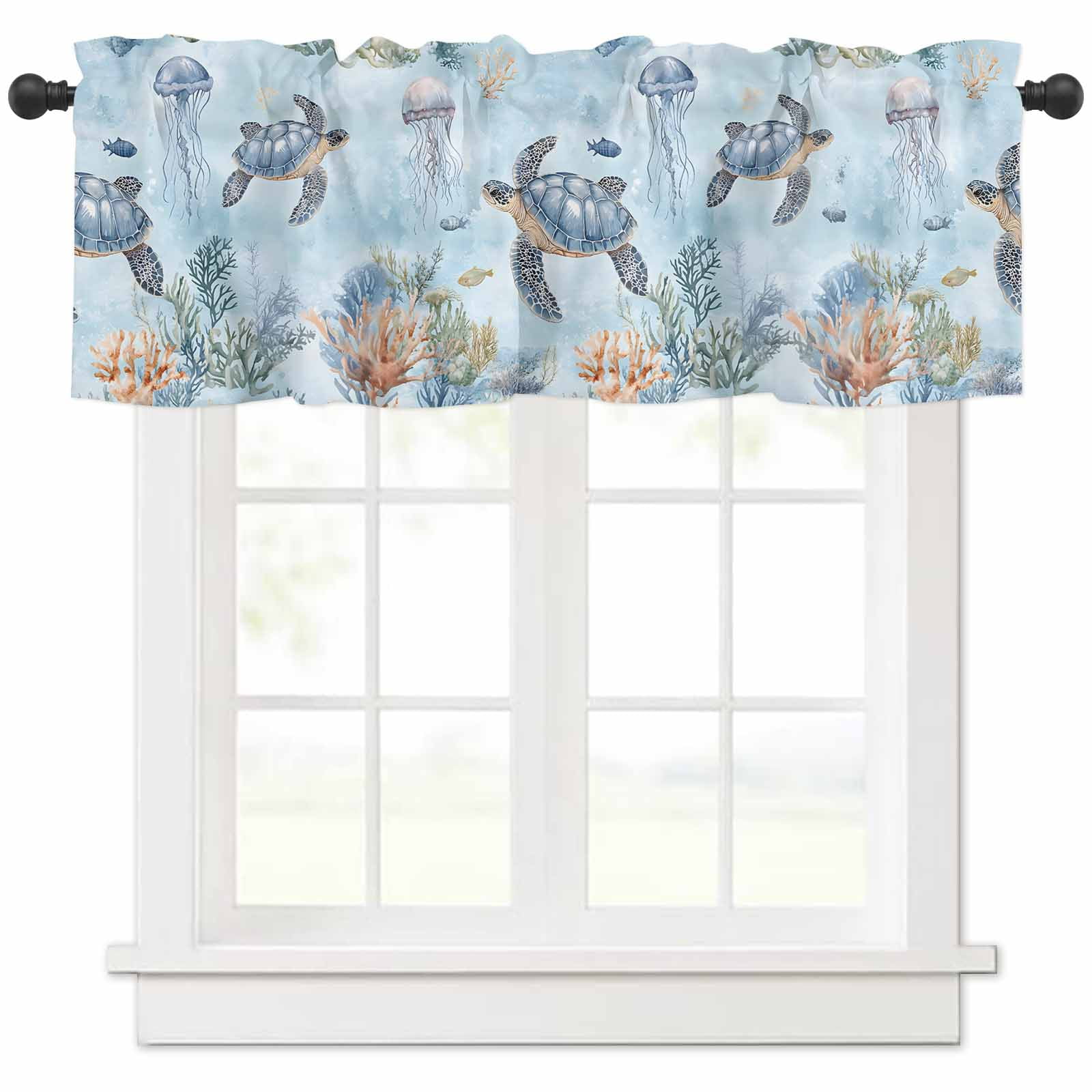 Window Treatment Valance Curtain, Sea Turtles Corals Jellyfish Summer ...
