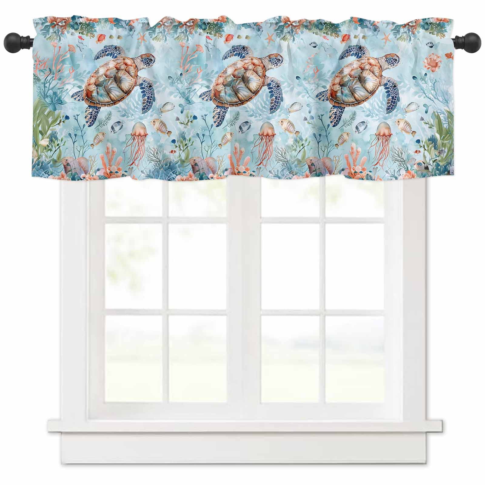 Window Treatment Valance Curtain, Sea Turtles Marine Life Summer Corals ...