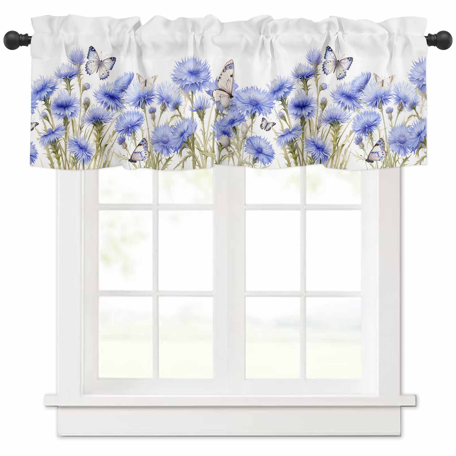 Window Treatment Valance Curtain, Spring Floral Blue Flowers Butterfly ...