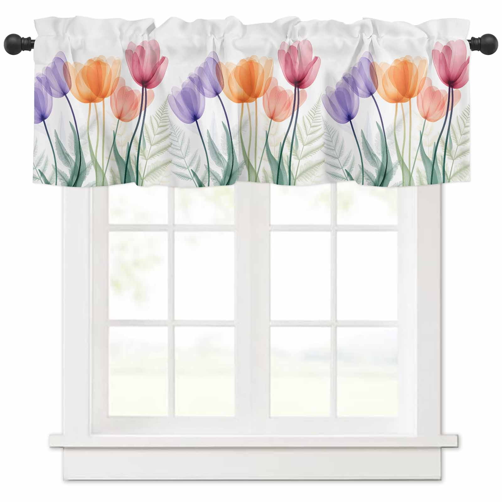 Window Treatment Valance Curtain, Spring Flower Purple Tulips Leaves ...