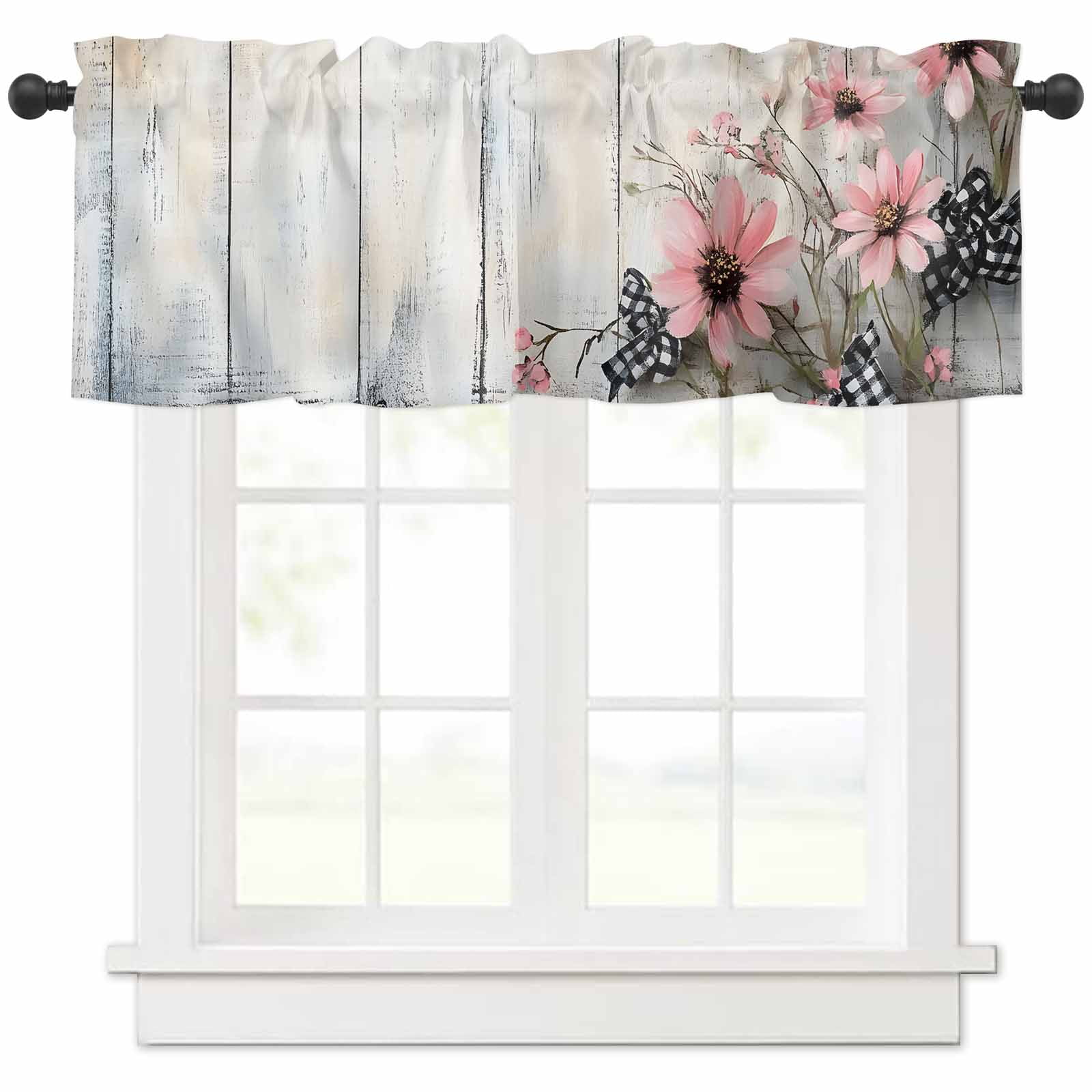 Window Treatment Valance Curtain, Spring Pink Flowers Light Wood Grain ...