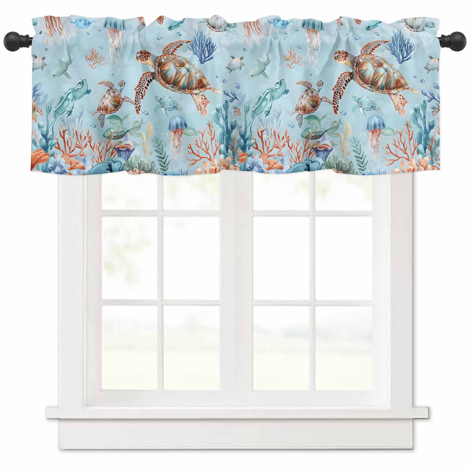 Window Treatment Valance Curtain, Summer Marine Life Sea Turtles Corals ...