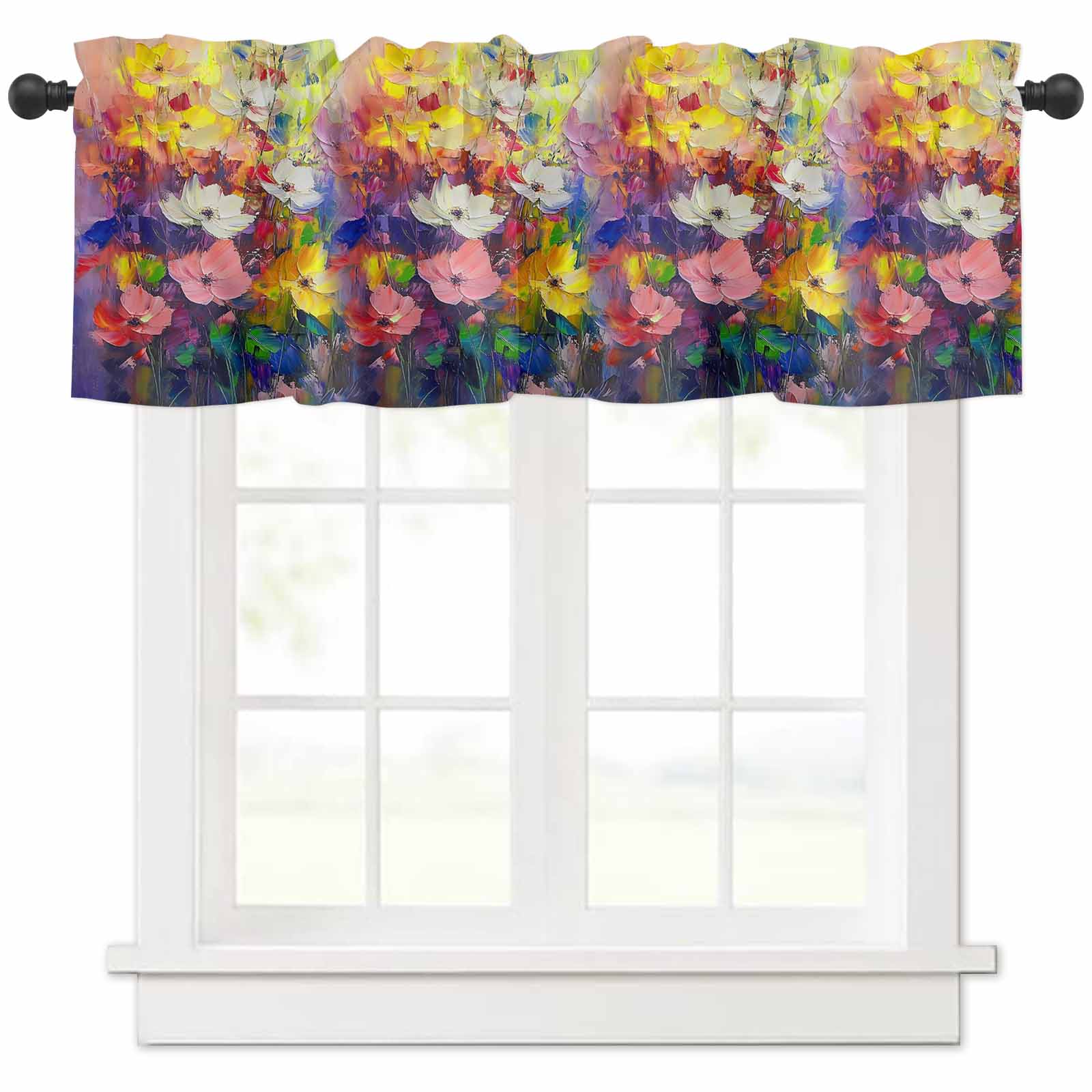 Window Treatment Valance Curtain, Watercolor Pink Flowers Oil Painting ...