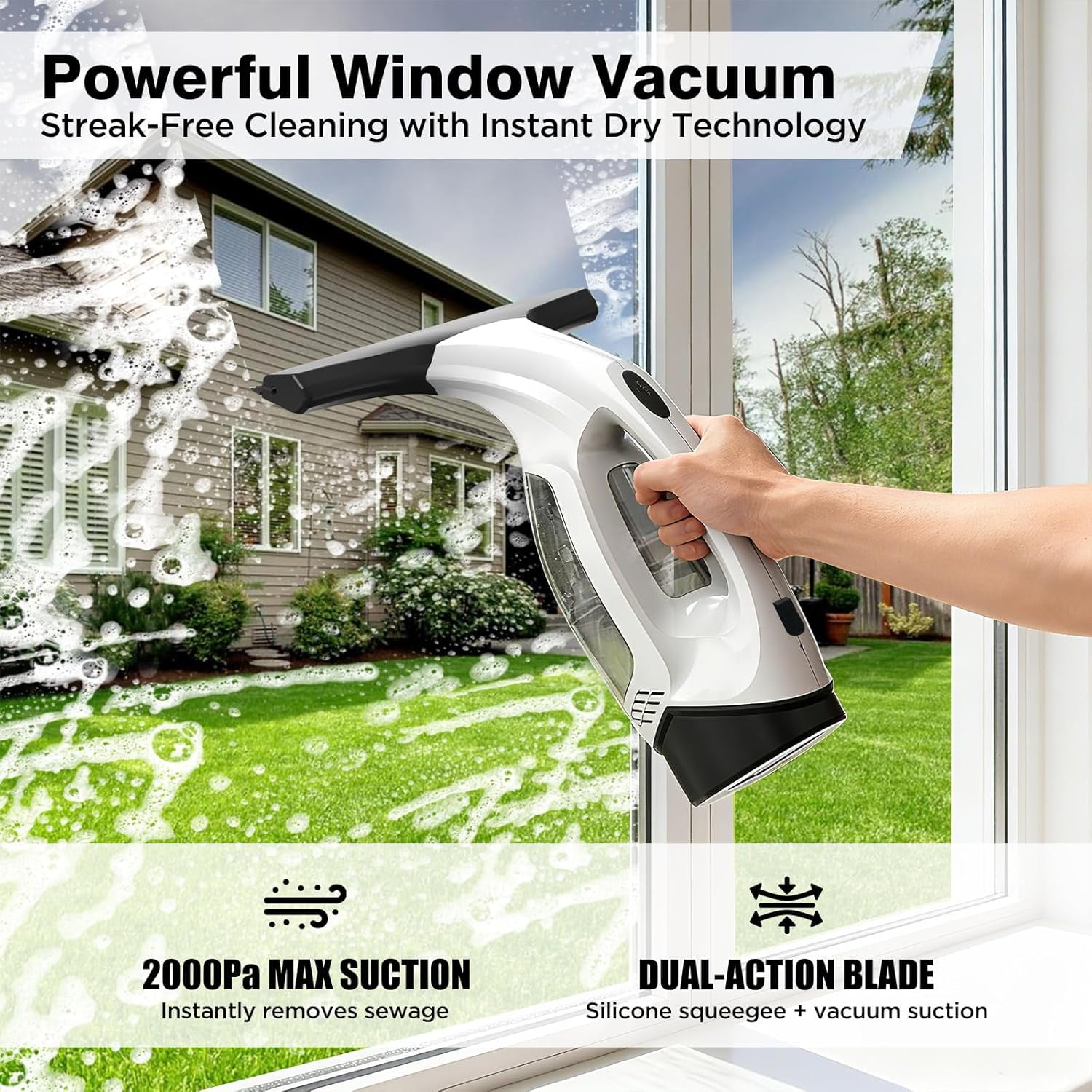 Window Vacuum Squeegee Cordless, 2000Pa Electric Window Cleaner Tool ...