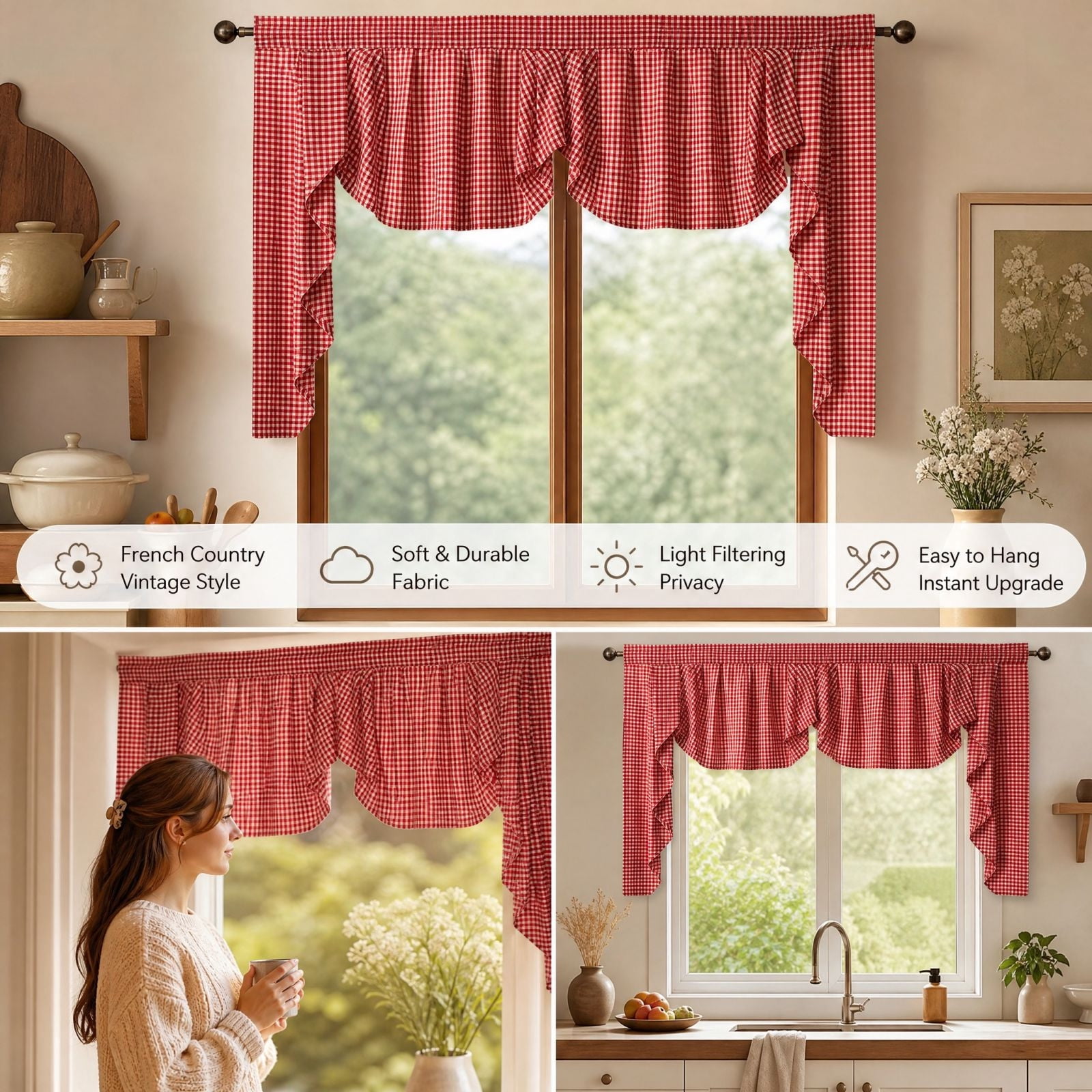 Window Valance 30 Inch Ruffled Plaid Kitchen Curtain Light Filtering ...