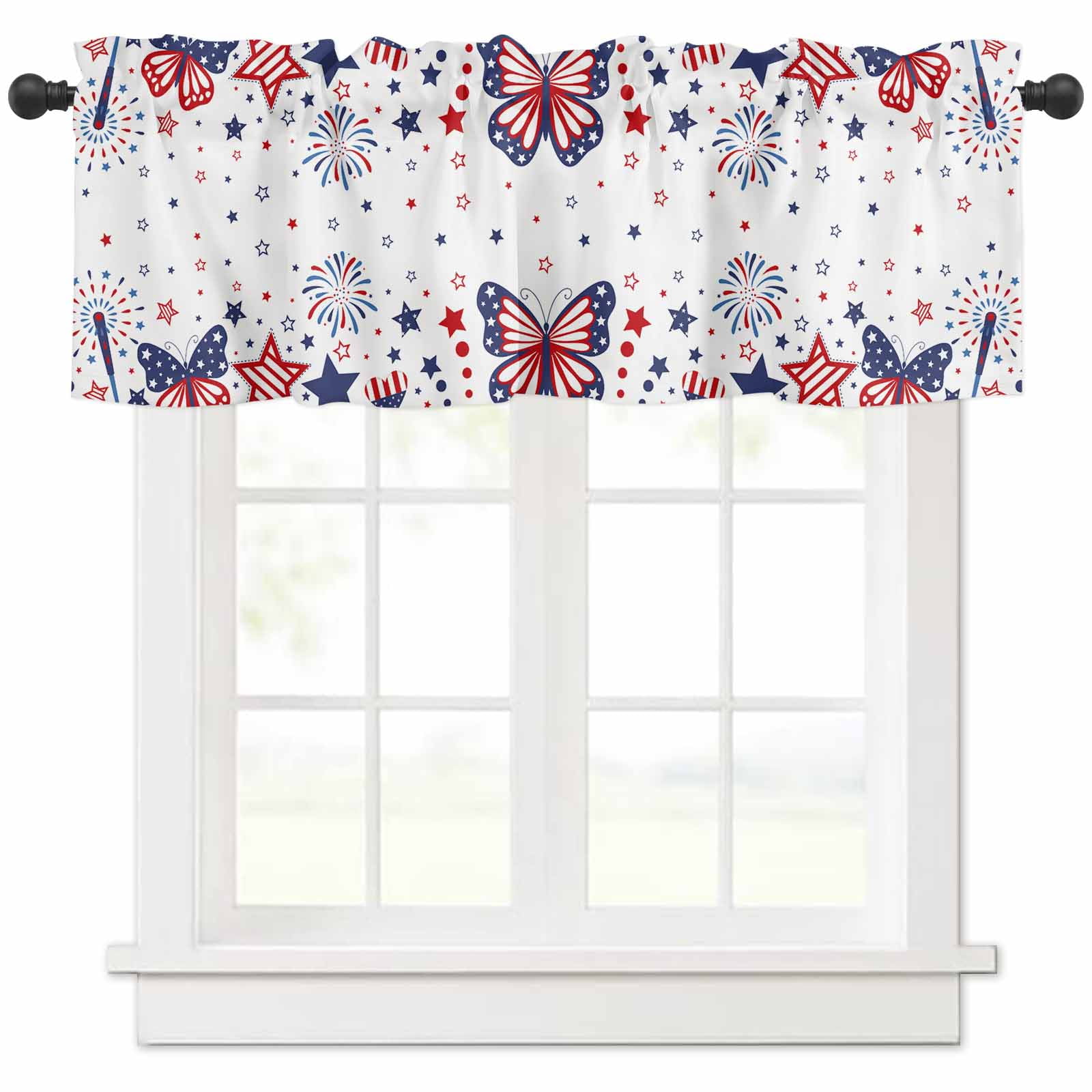 Window Valance for Kitchen,4th of July Red Blue Star Butterfly White ...