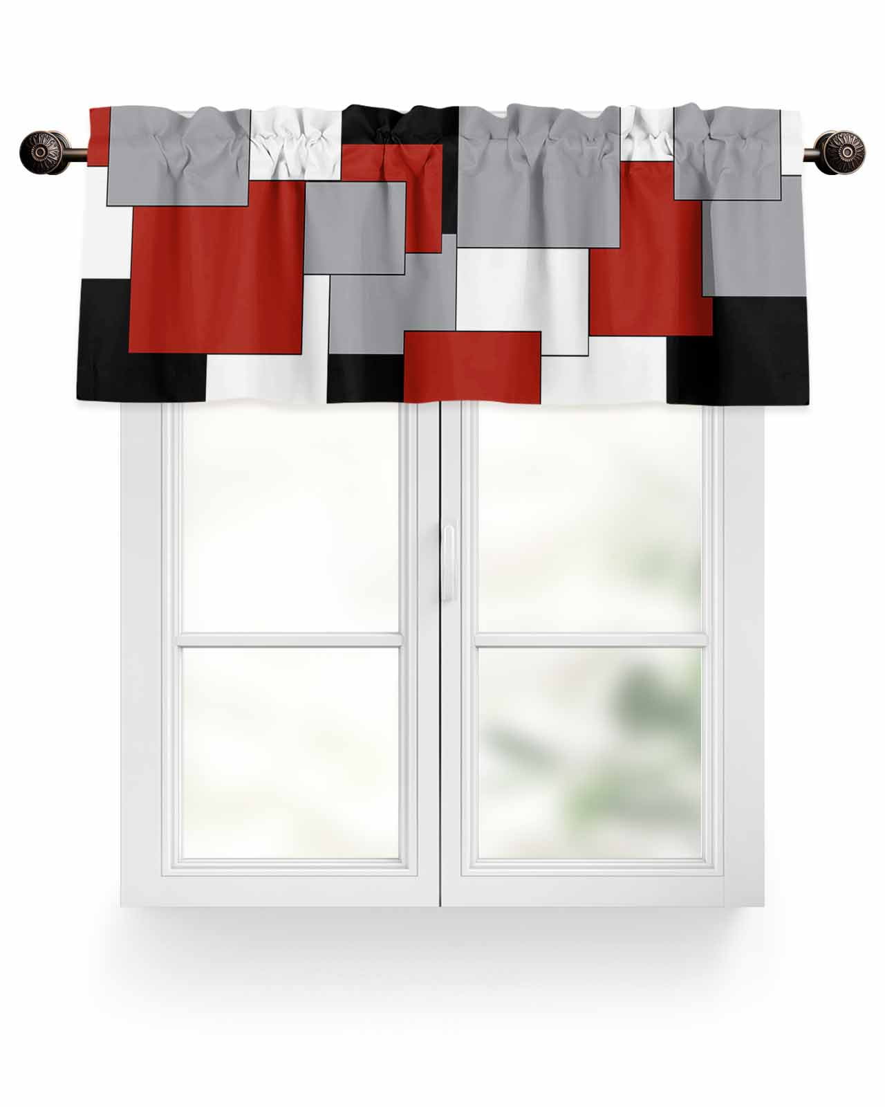 Window Valance for Kitchen, Abstract Geometric Red Color Block Rod ...