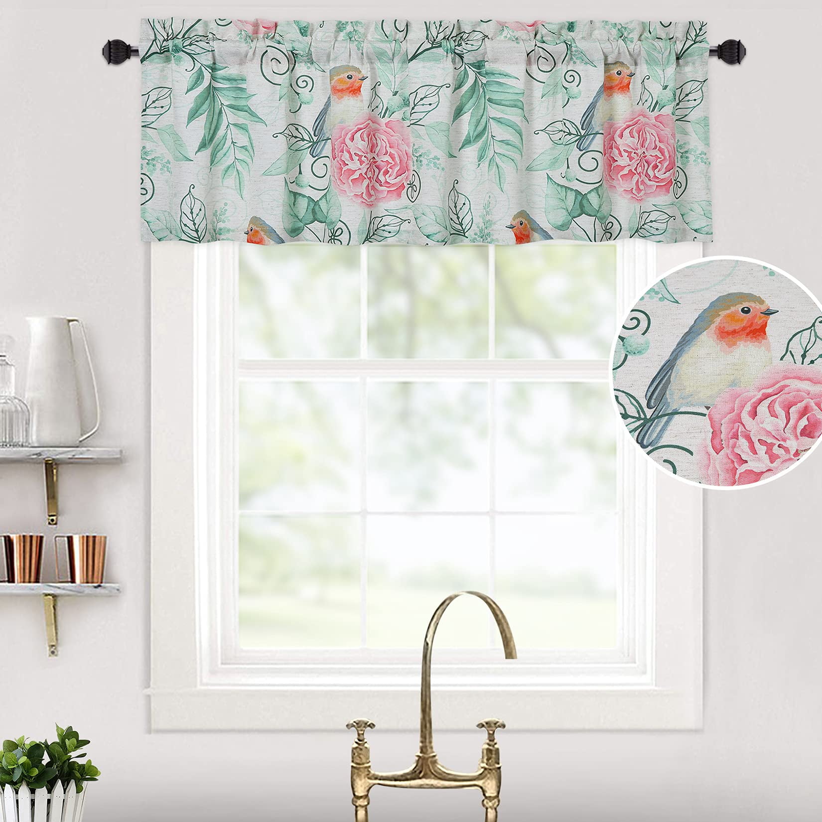 Window Valance for Kitchen Bird Leave Frinted, Valance Curtains Linen ...