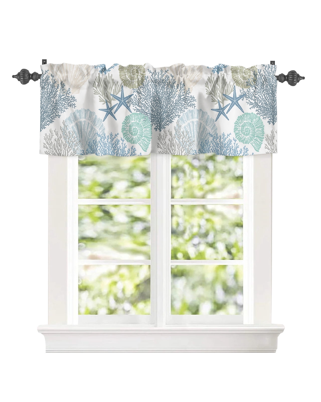 Window Valance for Kitchen,Blue Aqua Sealife on White Rod Pocket ...