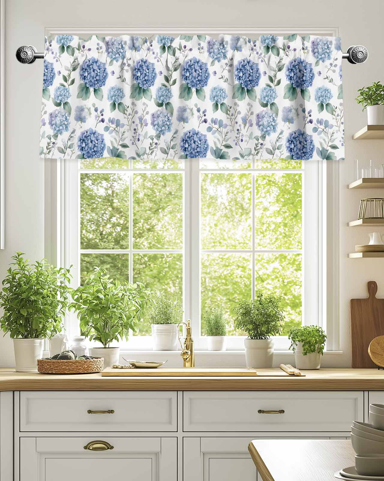 Window Valance for Kitchen, Blue Flower Hydrangea Eucalyptus Leaf Rod ...