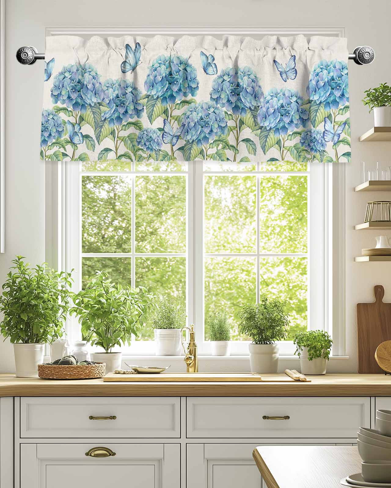 Window Valance for Kitchen, Blue Flowers Spring Butterfly Watercolor ...