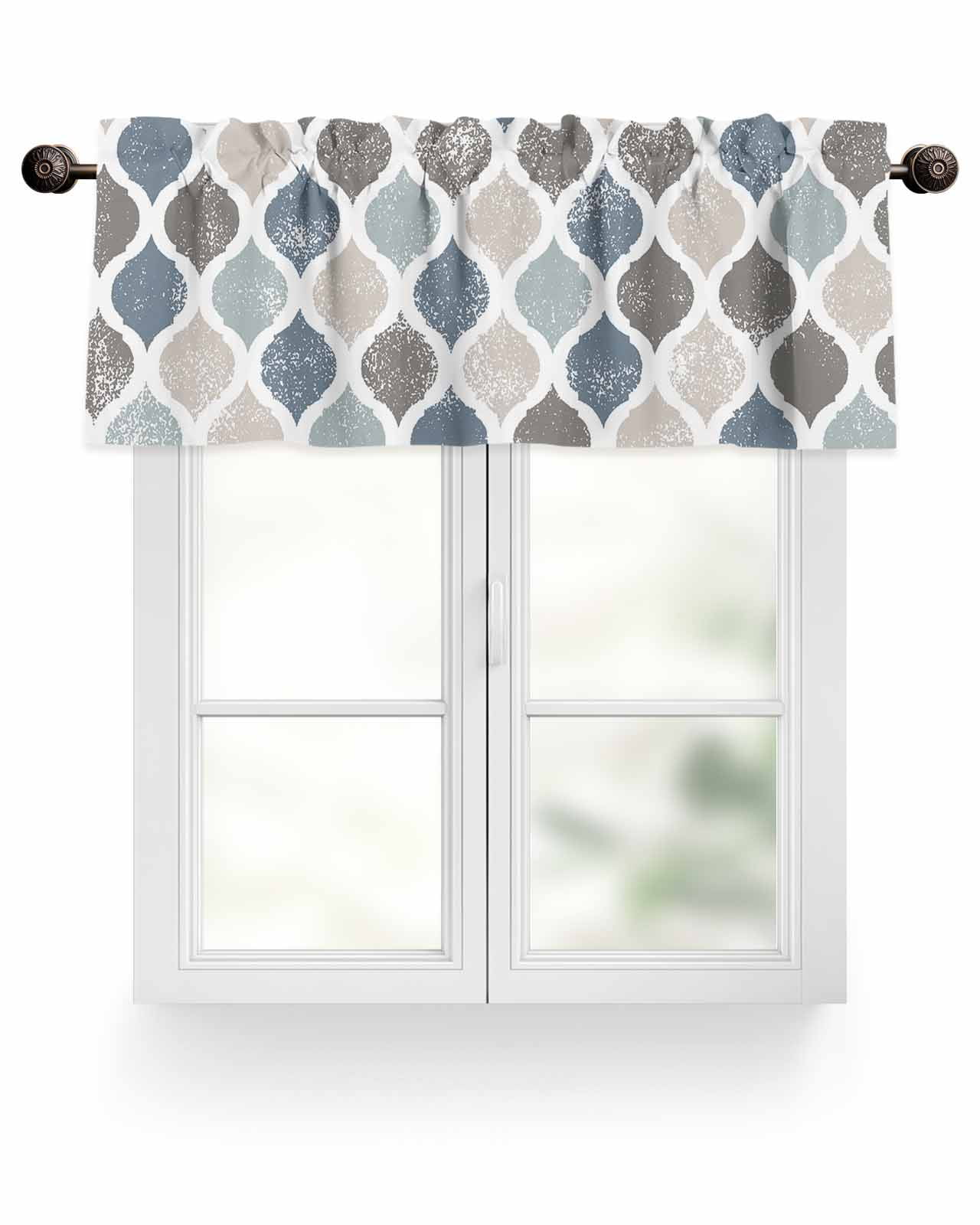 Window Valance for Kitchen, Blue Grey Moroccan Plaid Rod Pocket Curtain ...