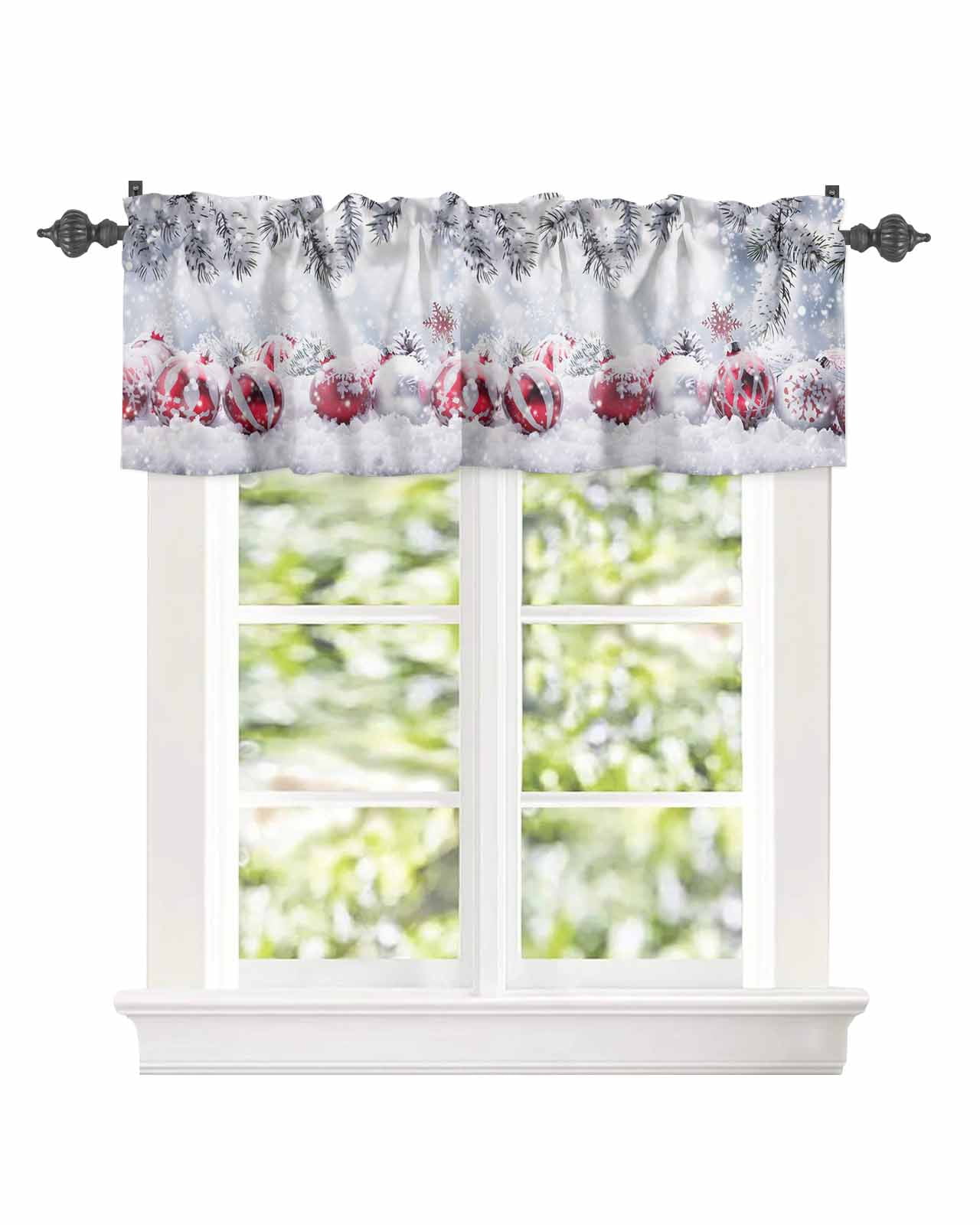 Window Valance for Kitchen,Christmas Ball Pine Tree Branch Rod Pocket ...