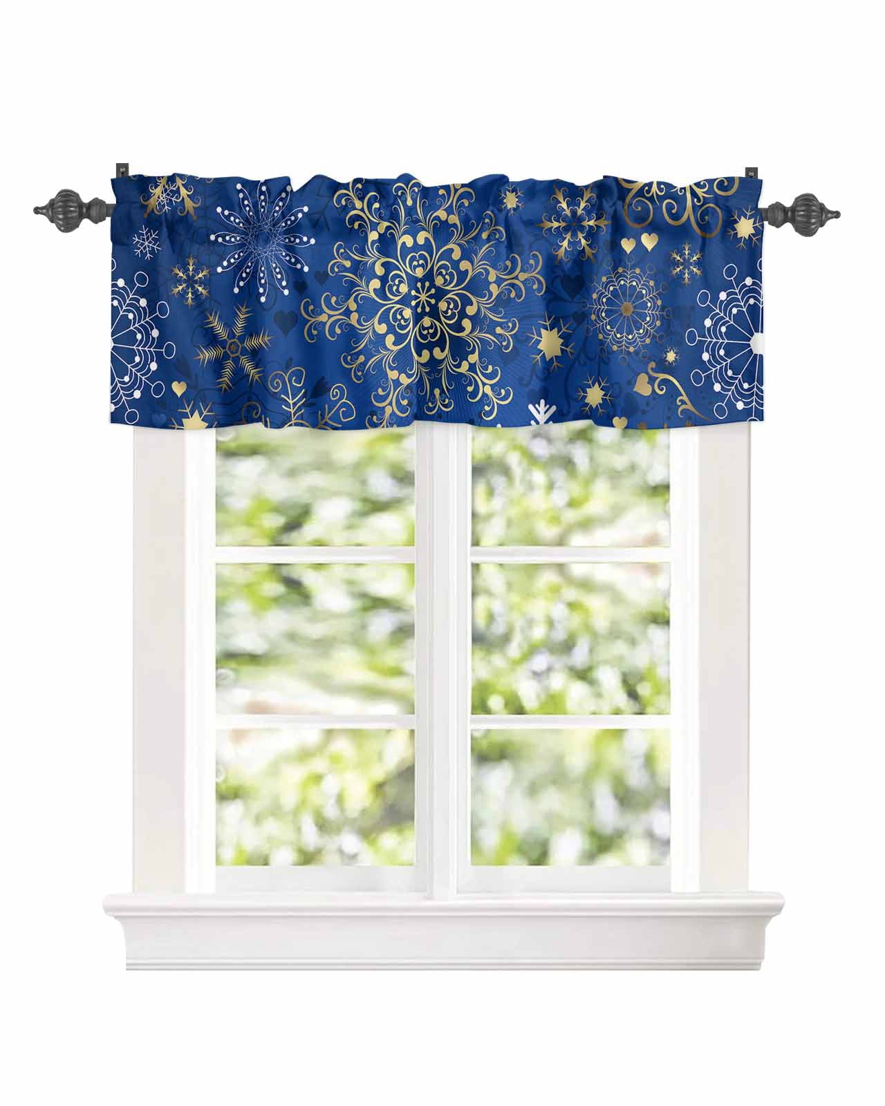 Window Valance for Kitchen,Christmas Blue Gold Winter Snowflakes Rod ...