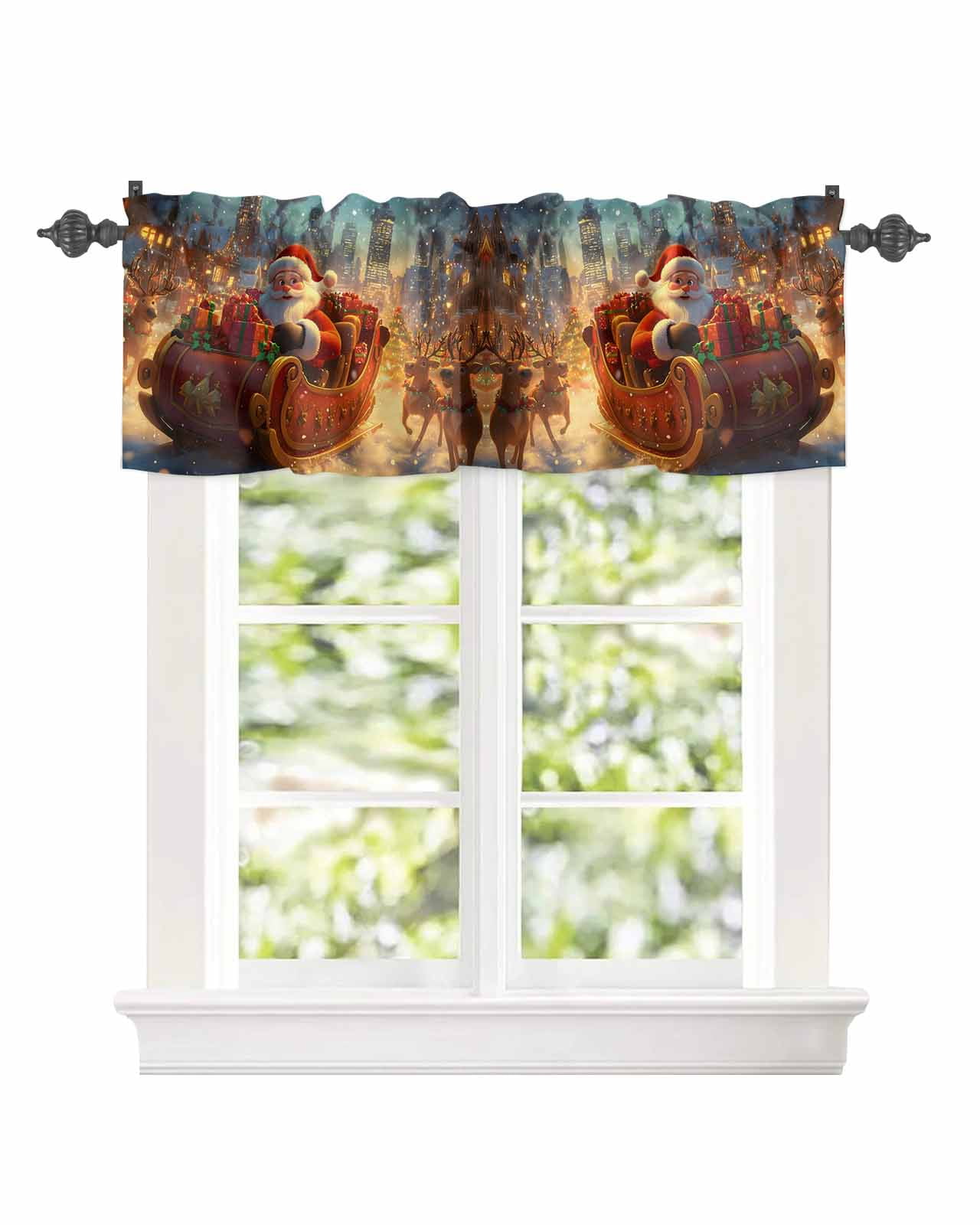 Window Valance for Kitchen,Christmas Santa Claus Sleigh Reindeer ...