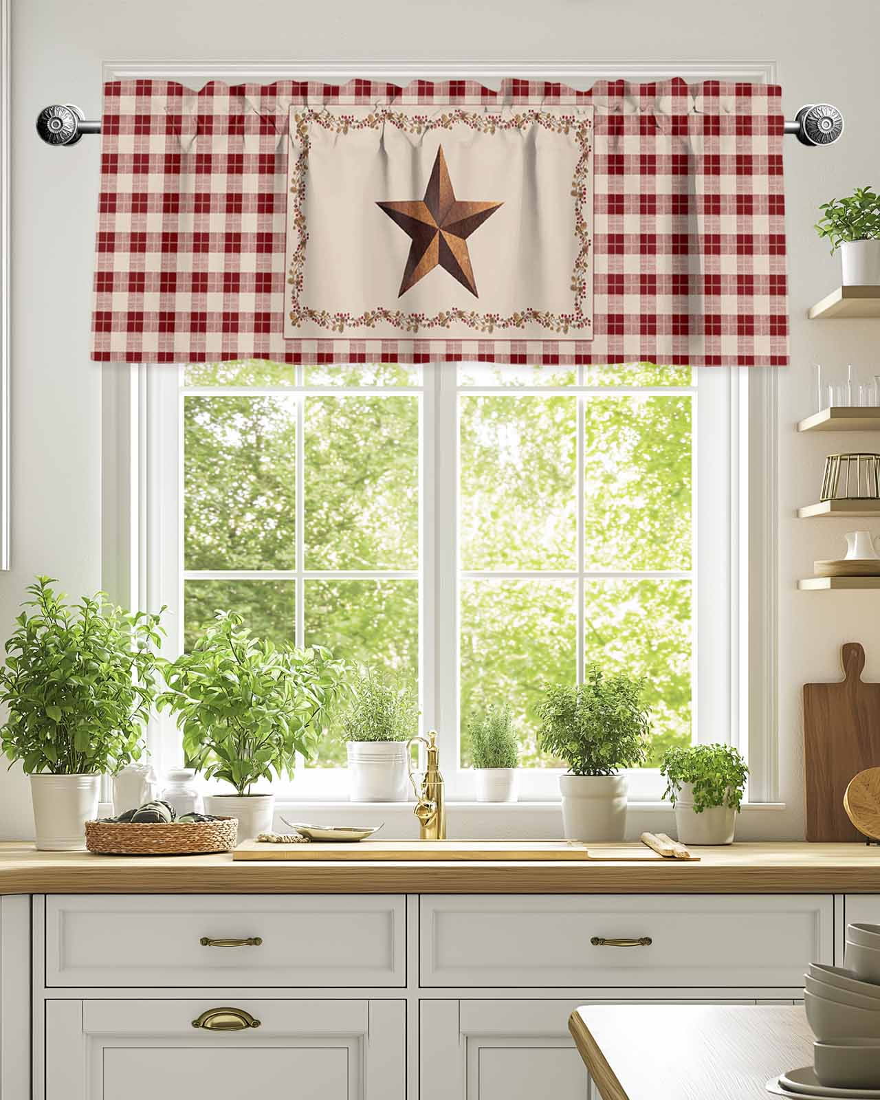 Window Valance for Kitchen, Country Western Star Texas Berry Rod Pocket ...