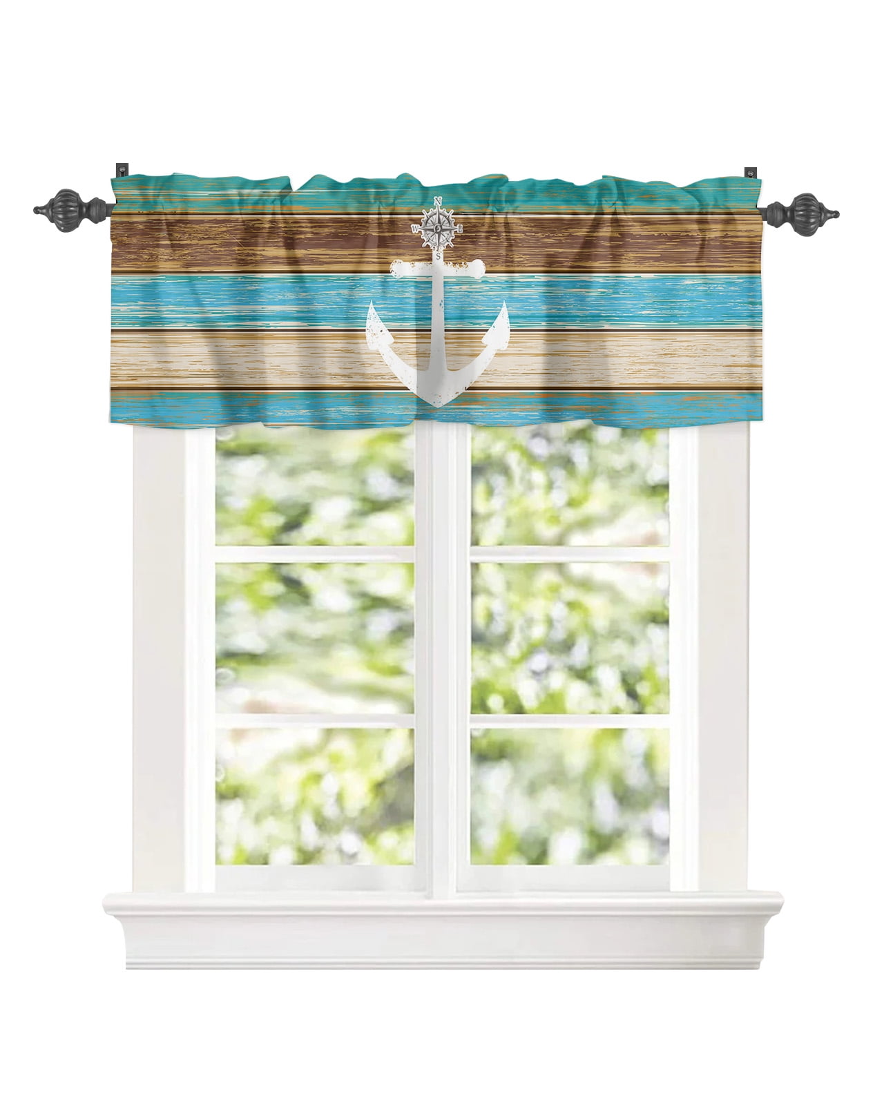 Window Valance for Kitchen,Gradient Blue Green Brown Compass White ...