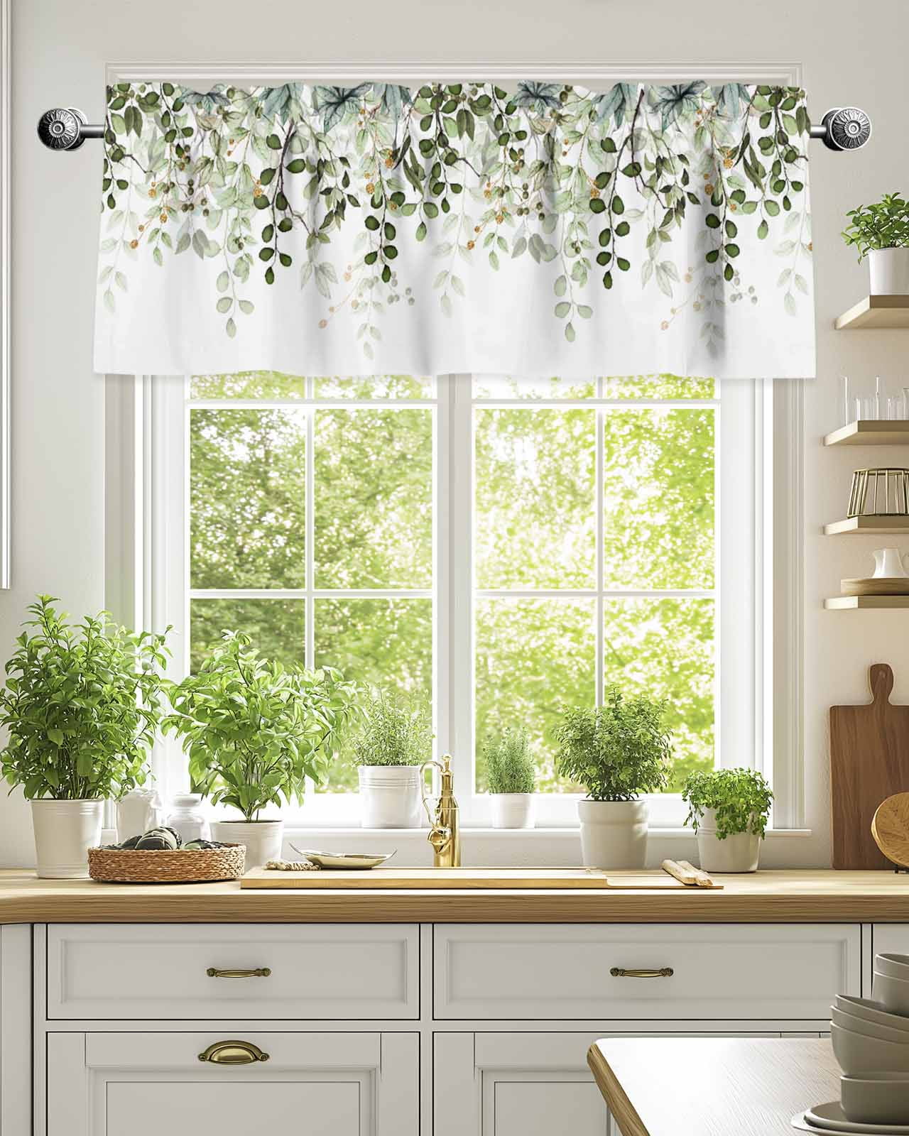 Window Valance for Kitchen, Green Eucalyptus Leaves on White Rod Pocket ...