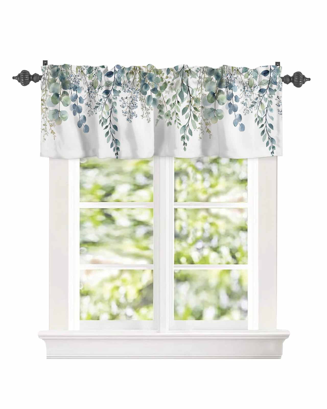 Window Valance for Kitchen,Green Eucalyptus Sage Leaves on White Rod ...