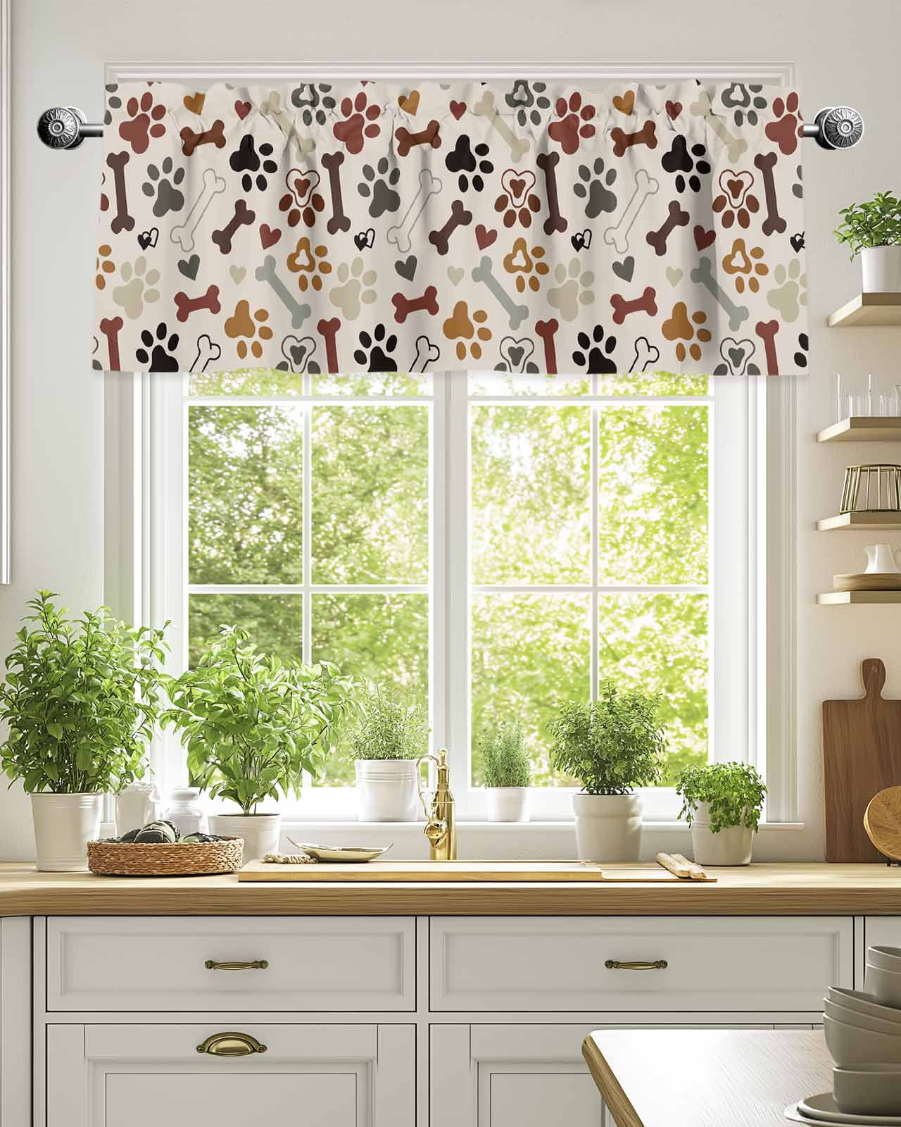 Window Valance for Kitchen, Love Bone Dog Paw Print Rod Pocket Curtain ...
