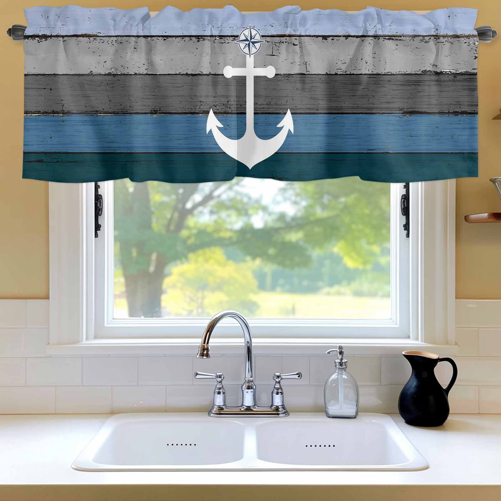 Window Valance for Kitchen,Nautical Anchor Ocean Theme Rod Pocket ...
