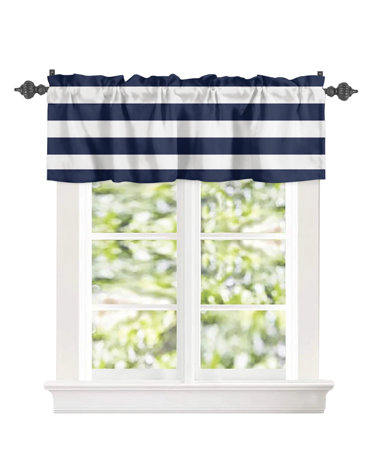 Window Valance for Kitchen,Nautical Navy Blue Stripes on White Rod ...
