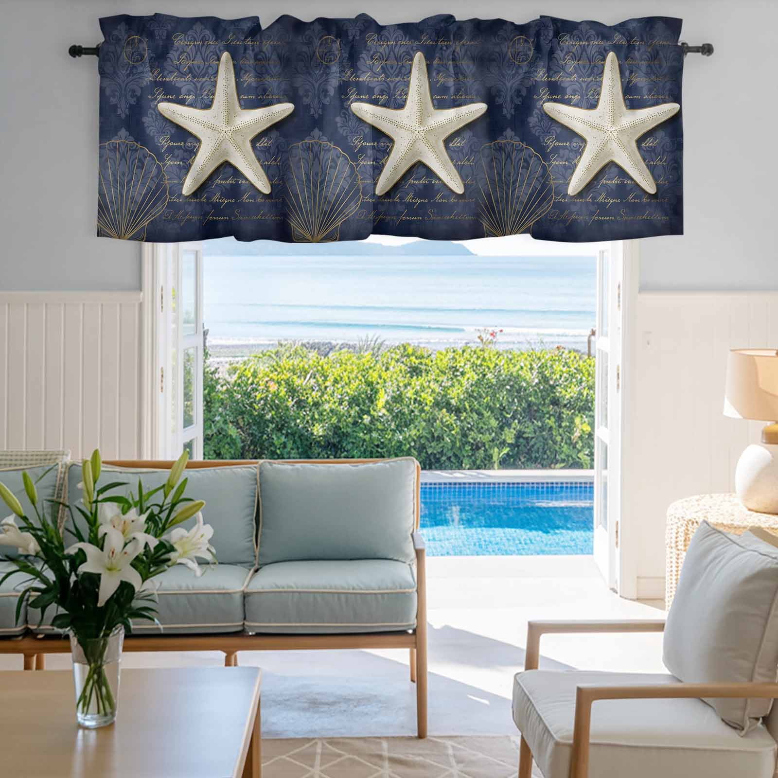 Window Valance for Kitchen,Nautical Retro Starfish Shells Rod Pocket ...