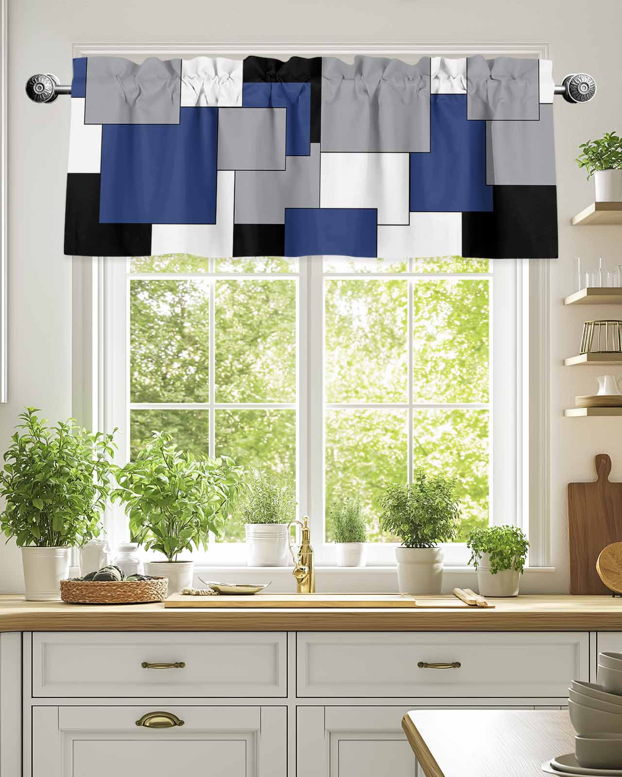 Window Valance for Kitchen, Navy Blue Color Block Rod Pocket Curtain ...
