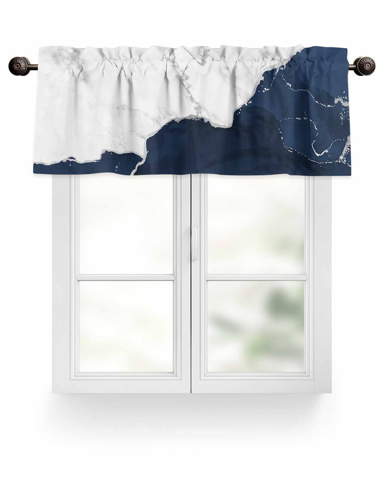 Window Valance for Kitchen, Navy Blue Marble Abstract Geometric Rod ...