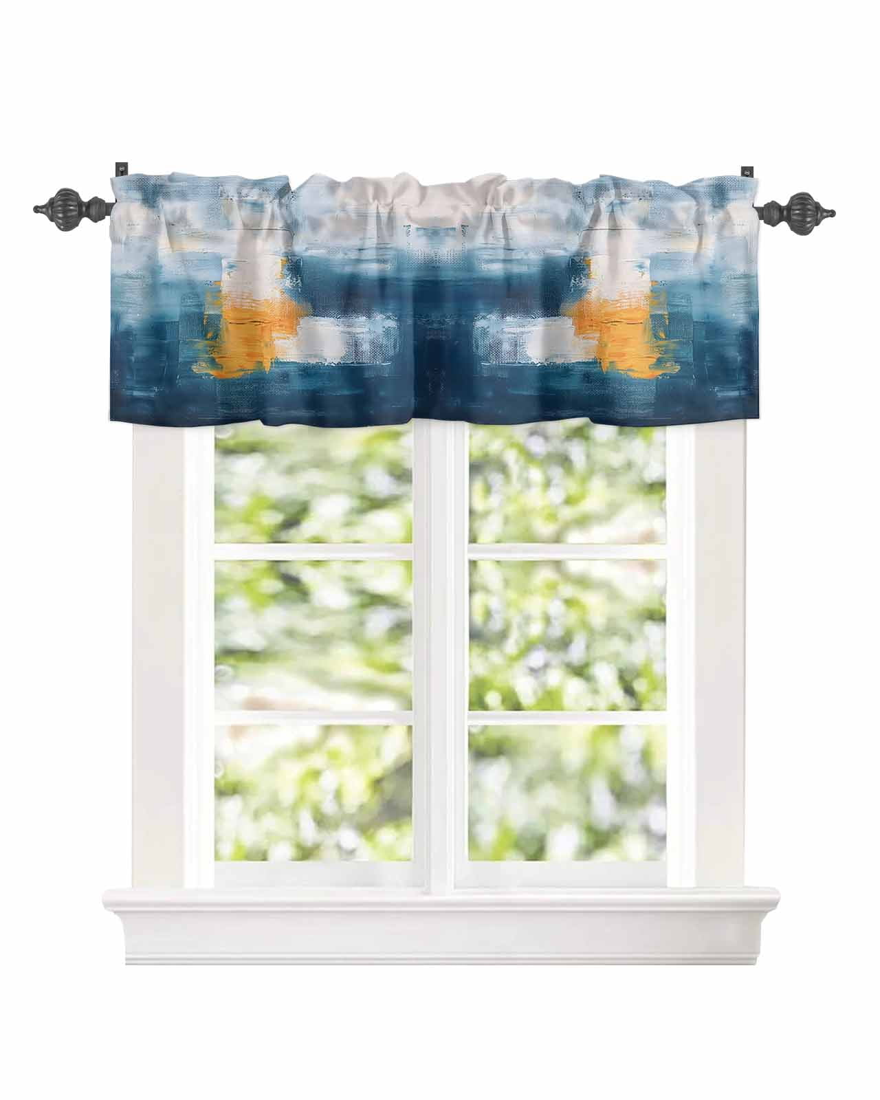 Window Valance for Kitchen,Navy Blue Yellow Modern Oil Painting Rod ...
